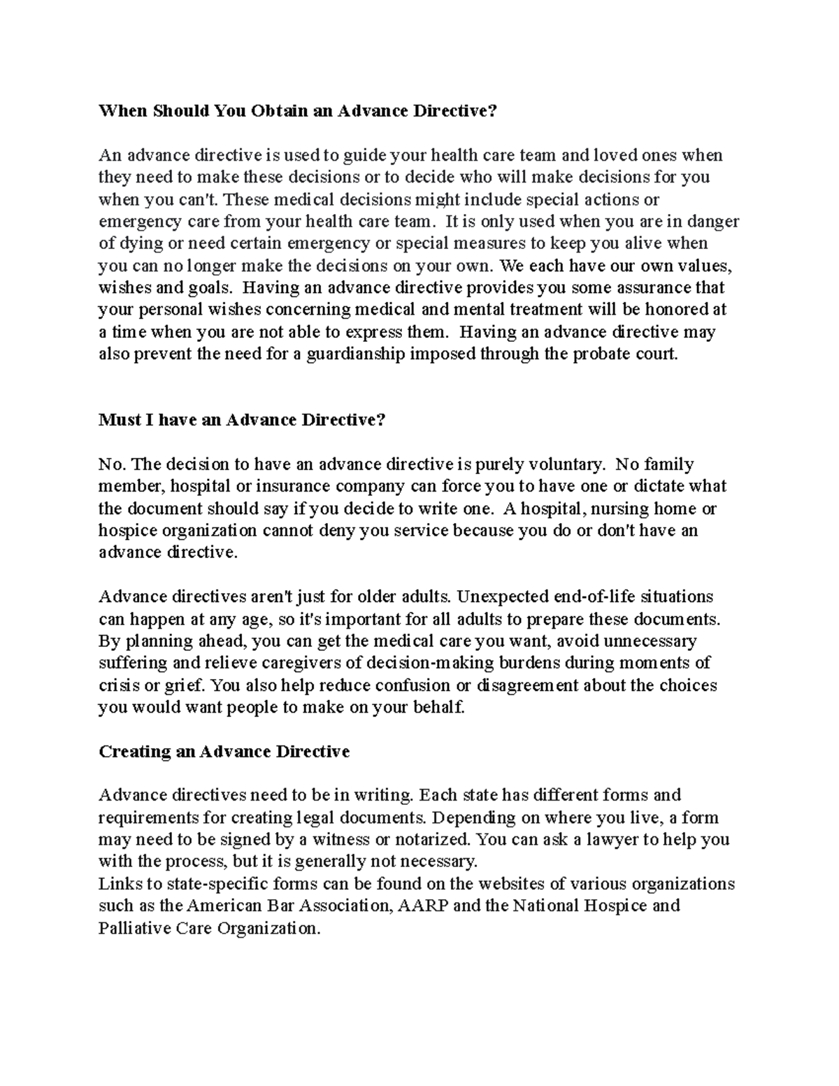 Advance Directive Project - When Should You Obtain an Advance Directive ...