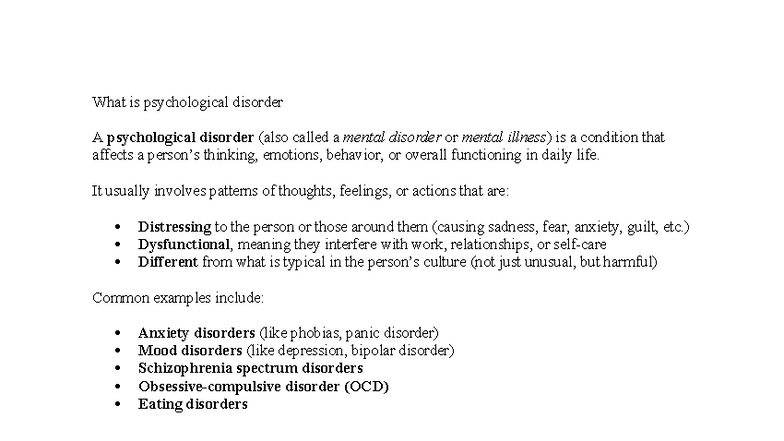 Psychological Disorders Overview: Types and Examples - Studocu