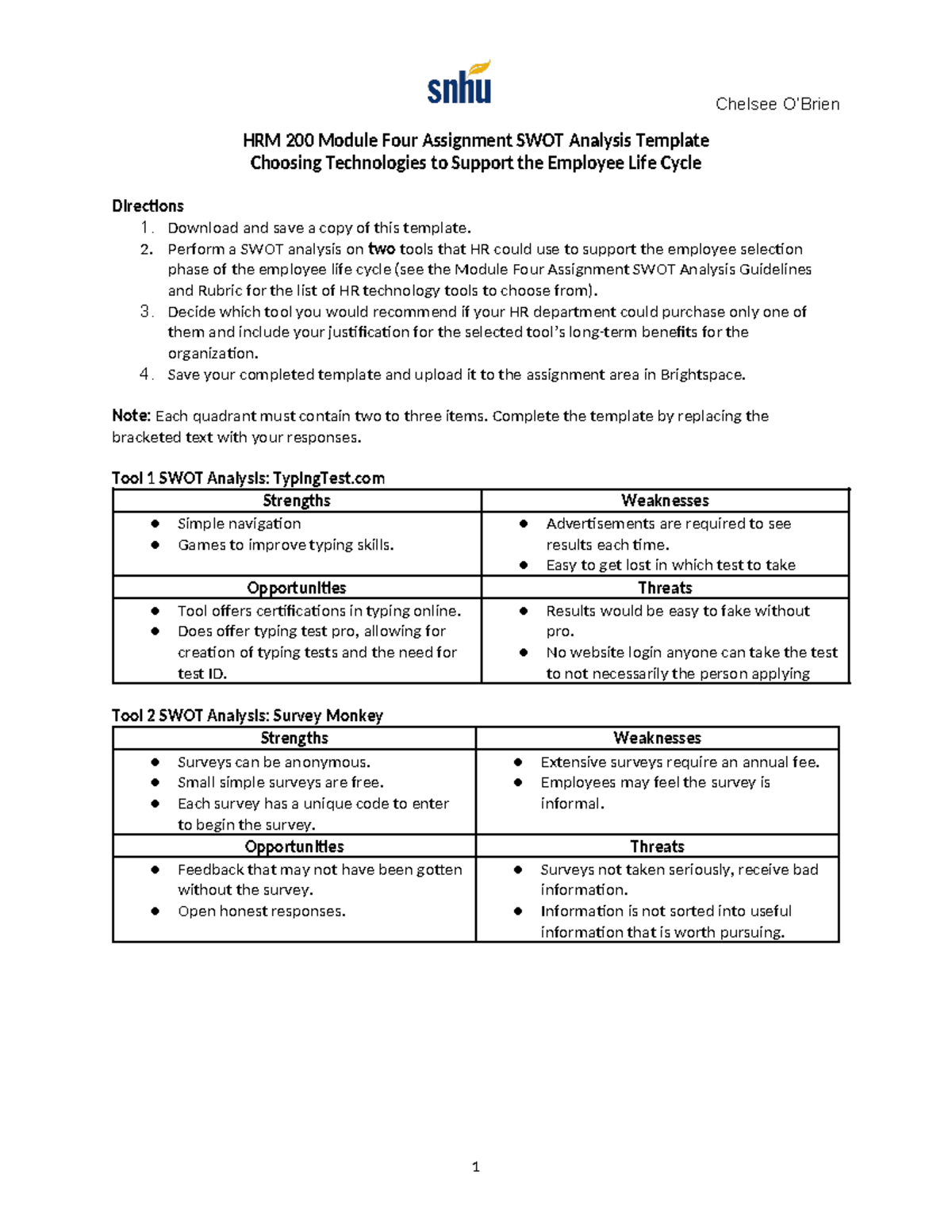 HRM200 Module 4 SWOT Analysis for Employee Life Cycle Tools - Studocu