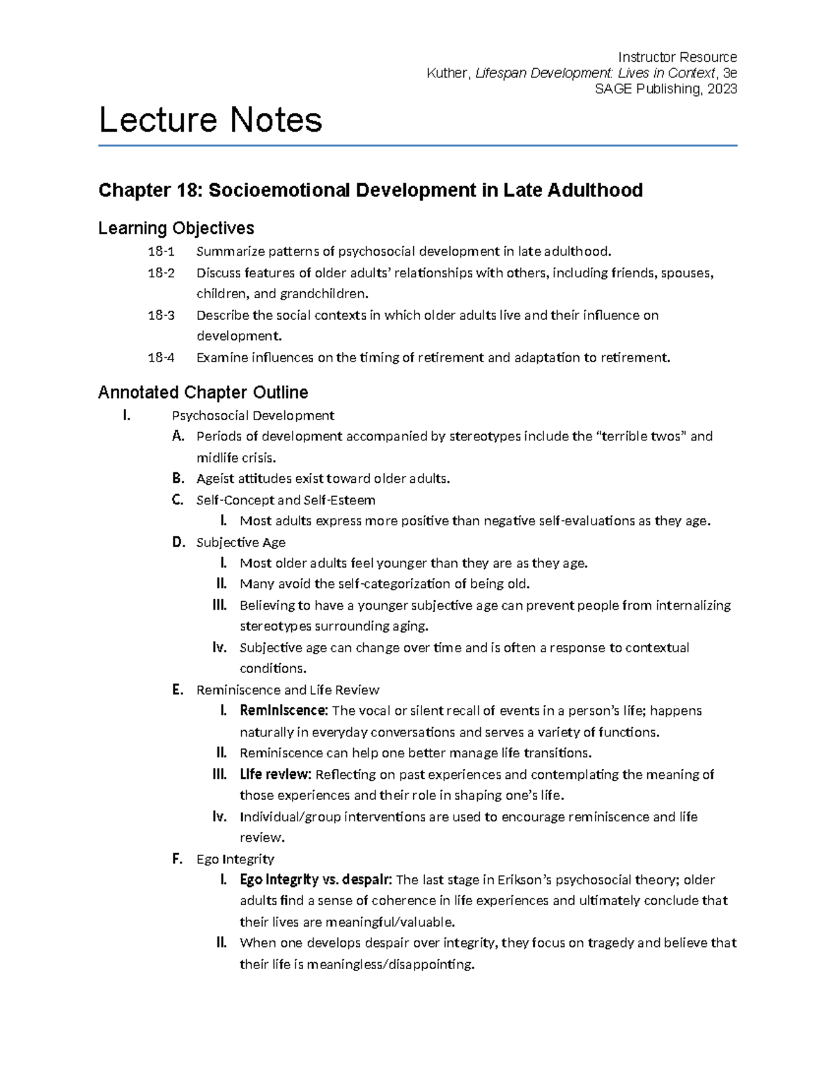 Kuther 3e LN 18 - Socioemotional Development in Late Adulthood - Studocu