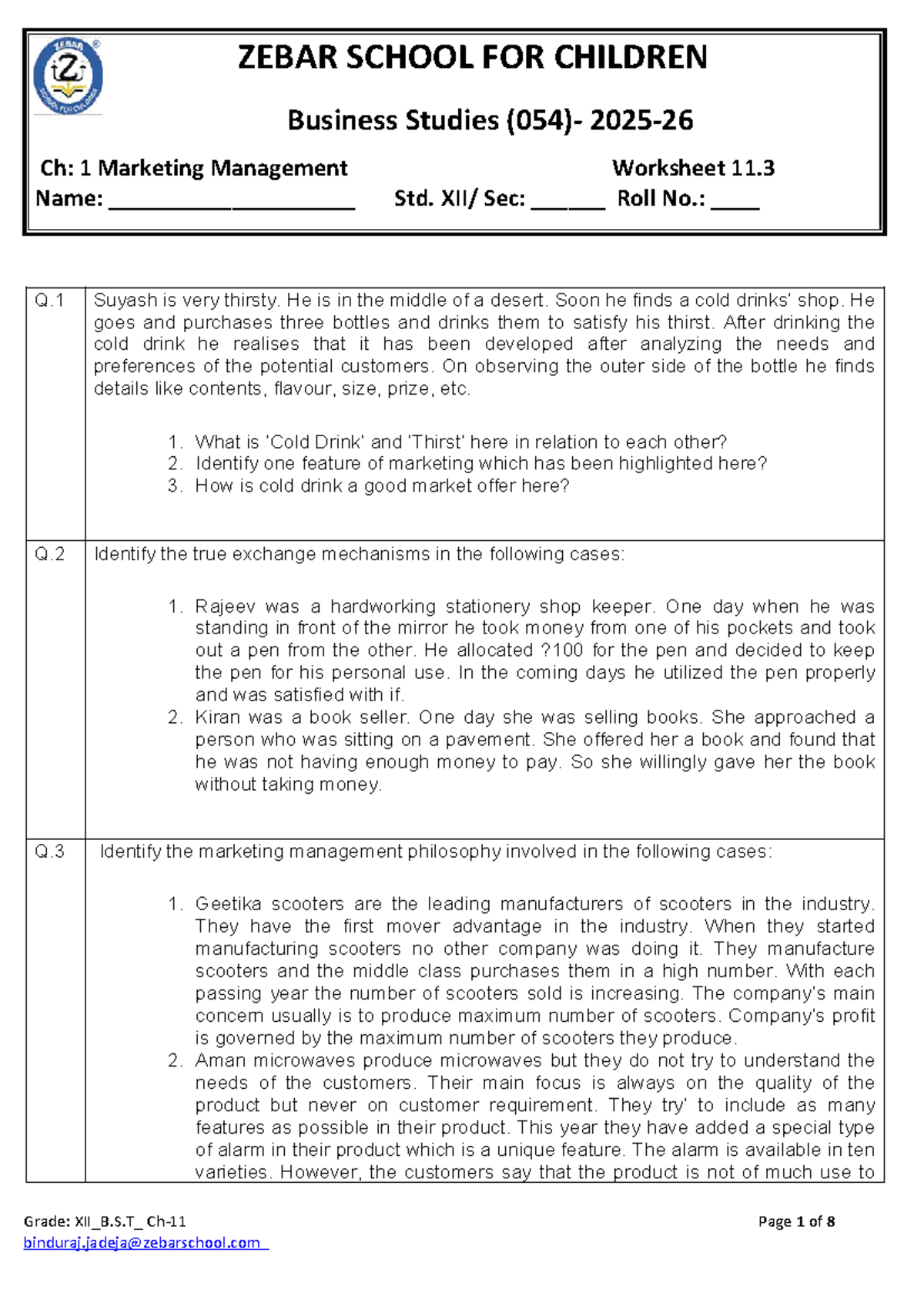 Business Studies XII_B.S.T: Chapter 1 Marketing Management Worksheet ...