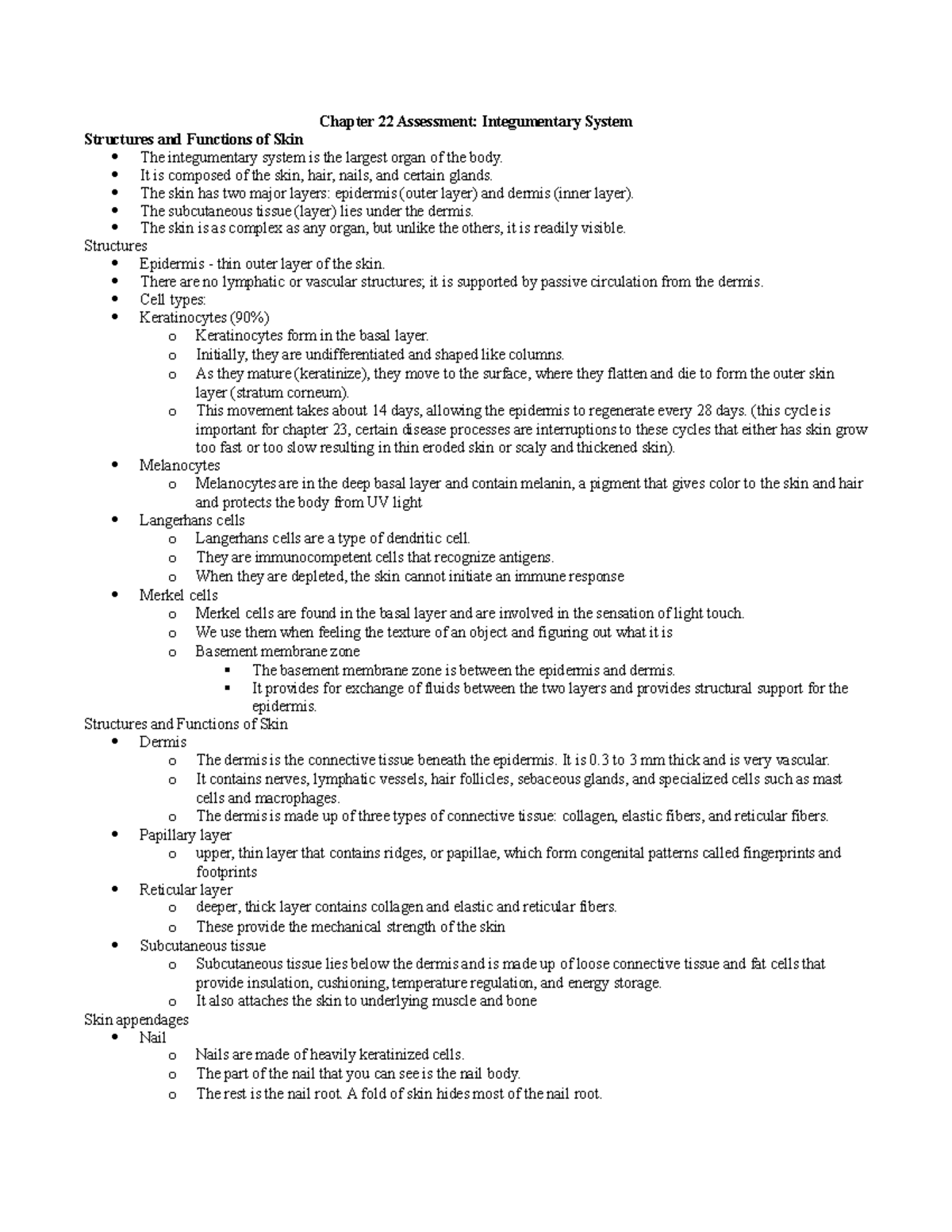 Chapter 22 - Integumentary System Assessment Overview - Studocu