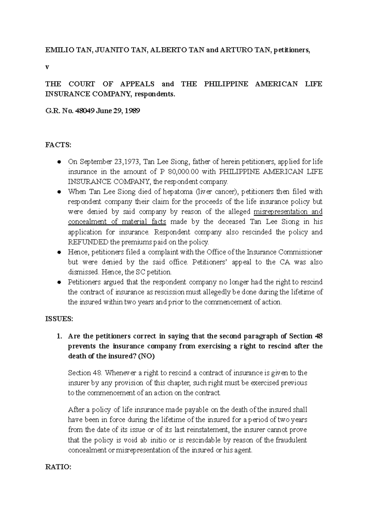 Case 16 - Tan v CA: Life Insurance Rescission Analysis - Studocu