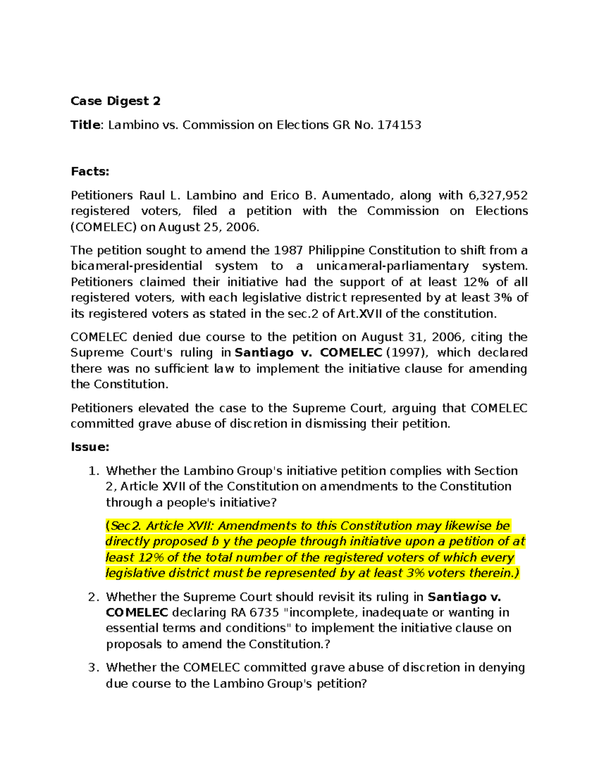 Case-2 -Lambino-Vs- Comelec - Case Digest 2 Title: Lambino vs ...