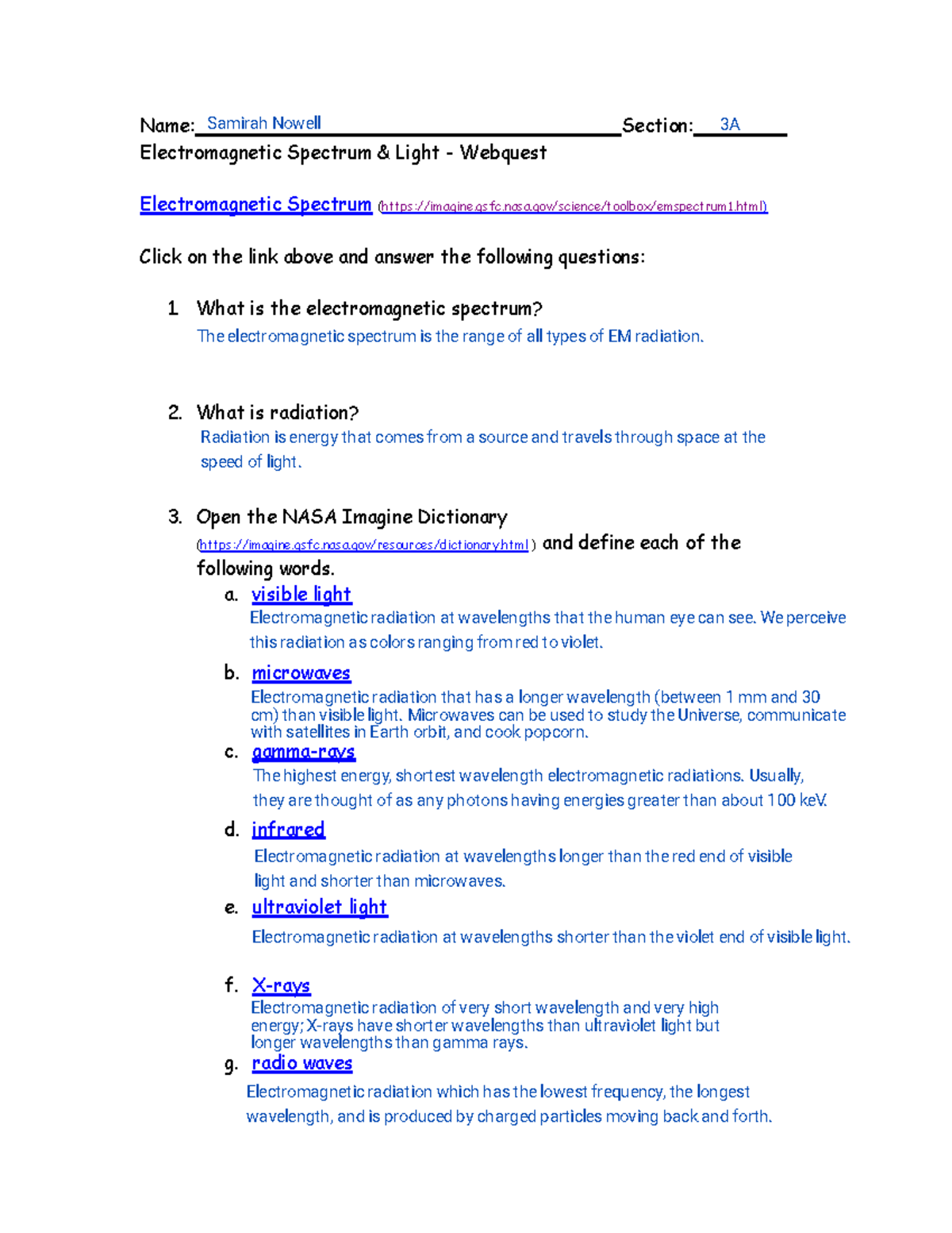 Electromagnetic Spectrum & Light - Webquest - Name: Section ...