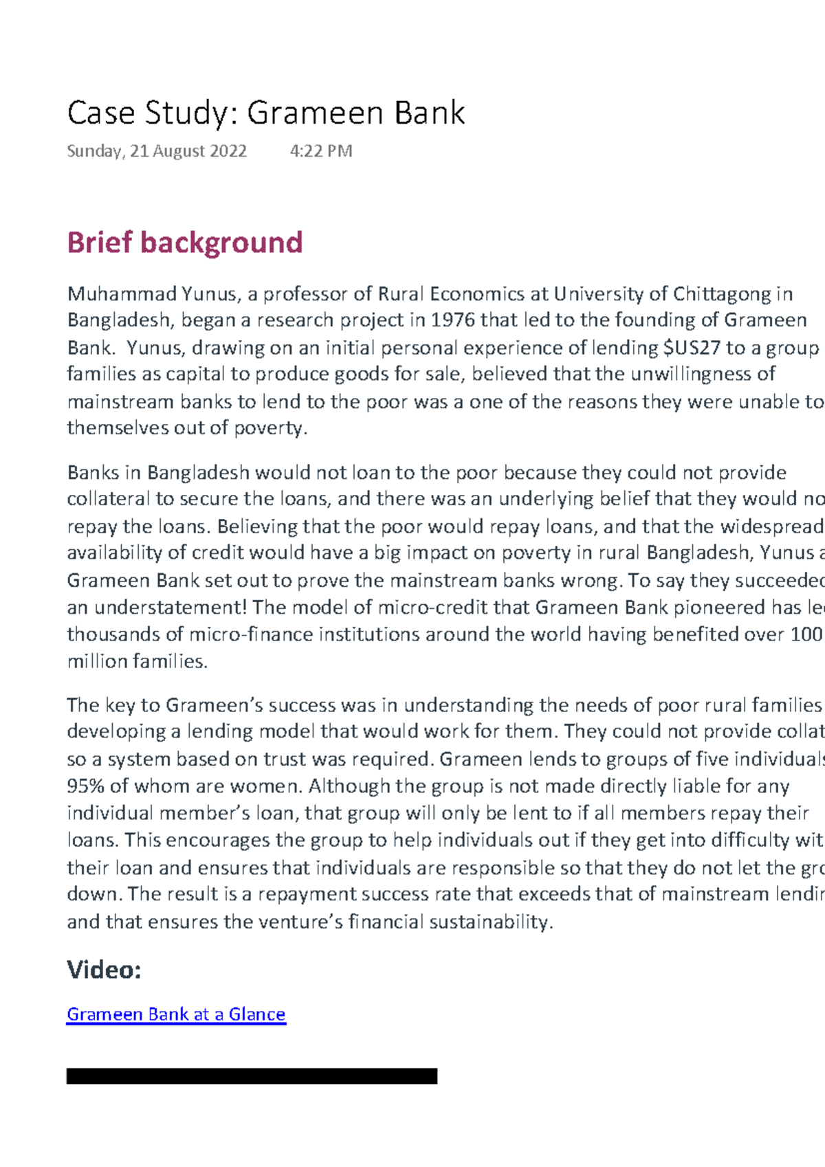 Case Study: Grameen Bank and Its Impact on Rural Poverty - Studocu