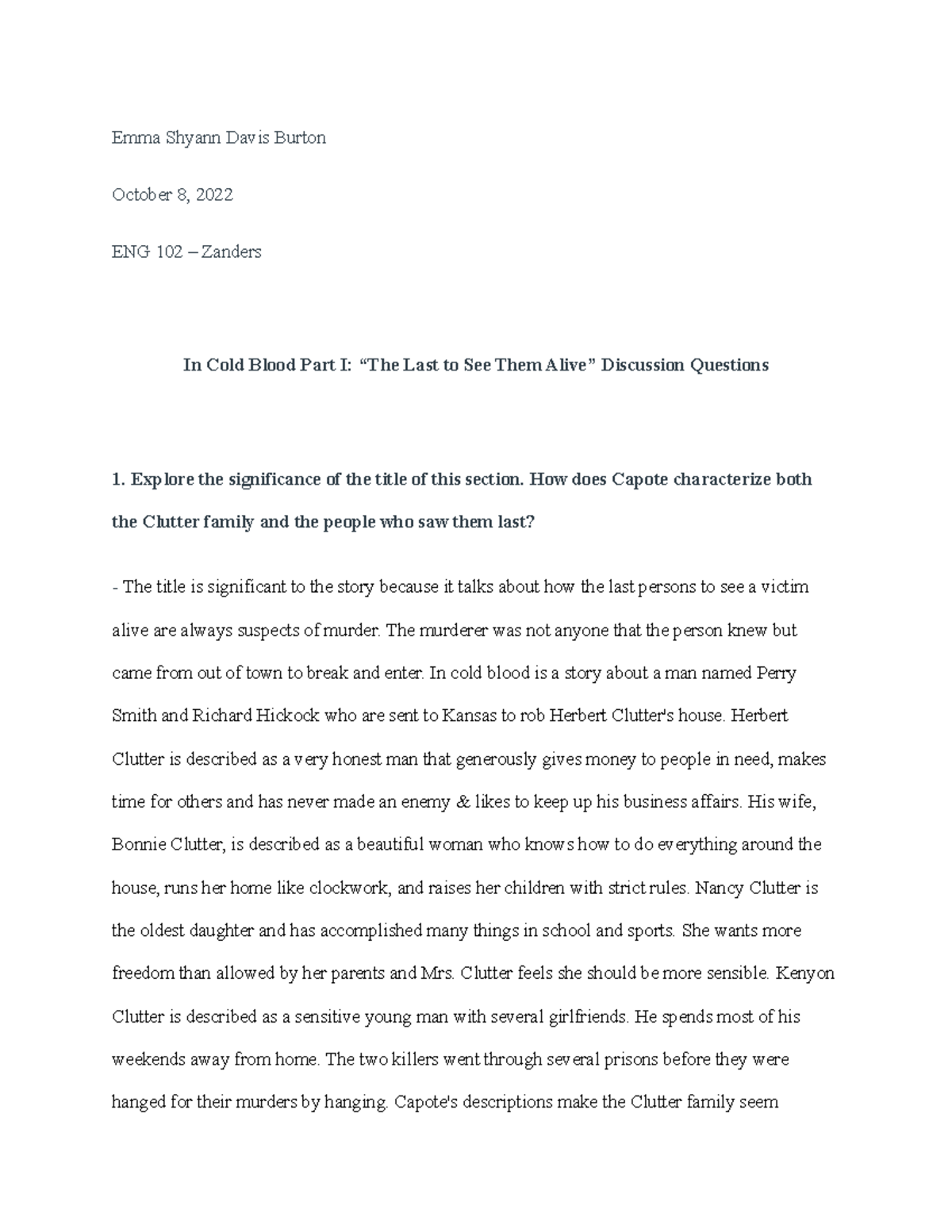 ENG 102 - In Cold Blood Part I: Discussion Qs on Characterization ...