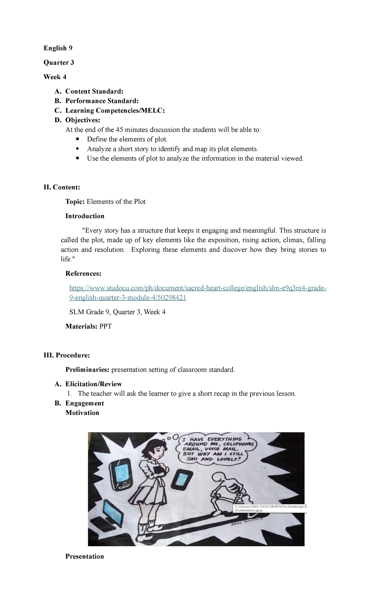 Lesson Plan: Elements of Plot in English 9 (Quarter 3, Week 4) - Studocu
