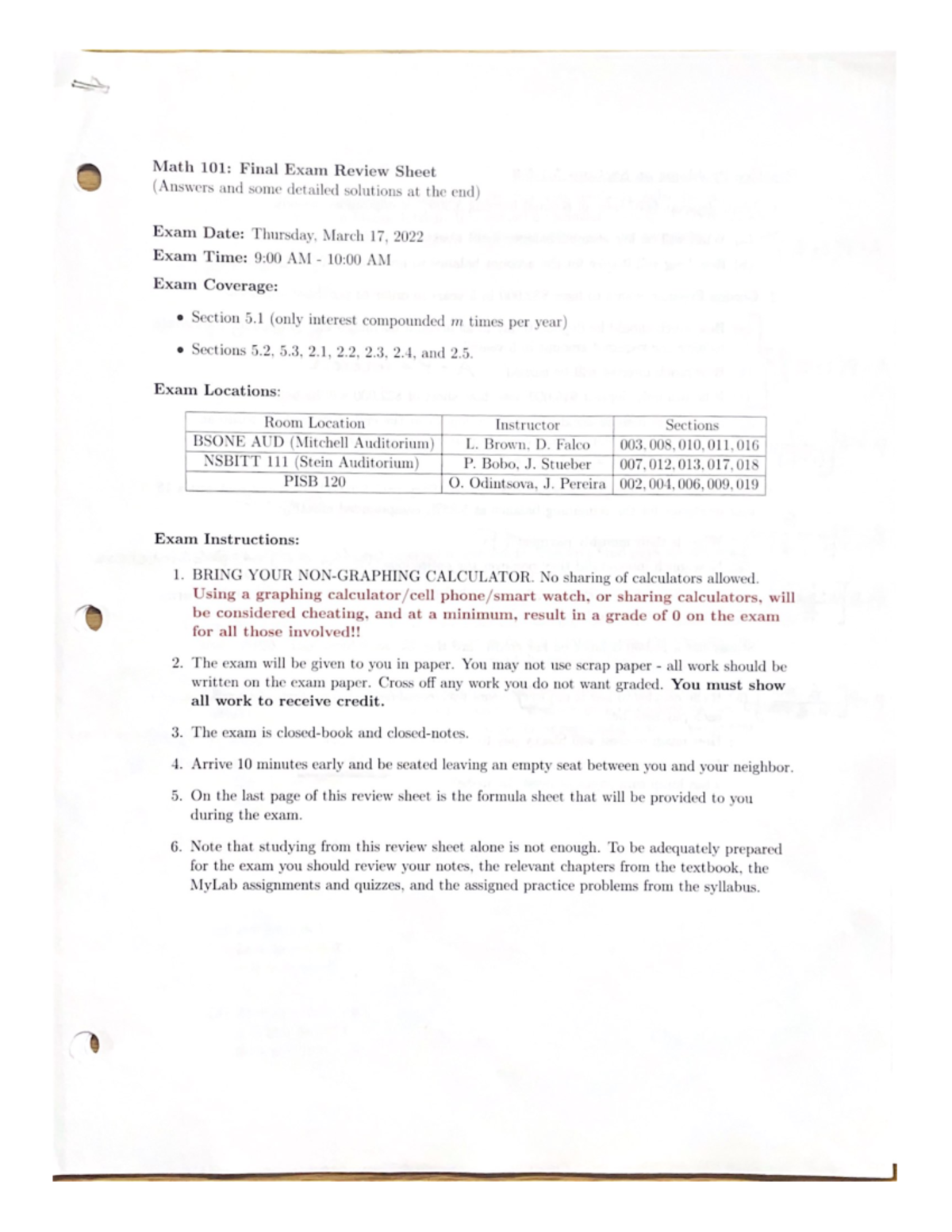 Math 101 Final Review (Winter 2022) - Math 101: Final Exam Review Sheet ...