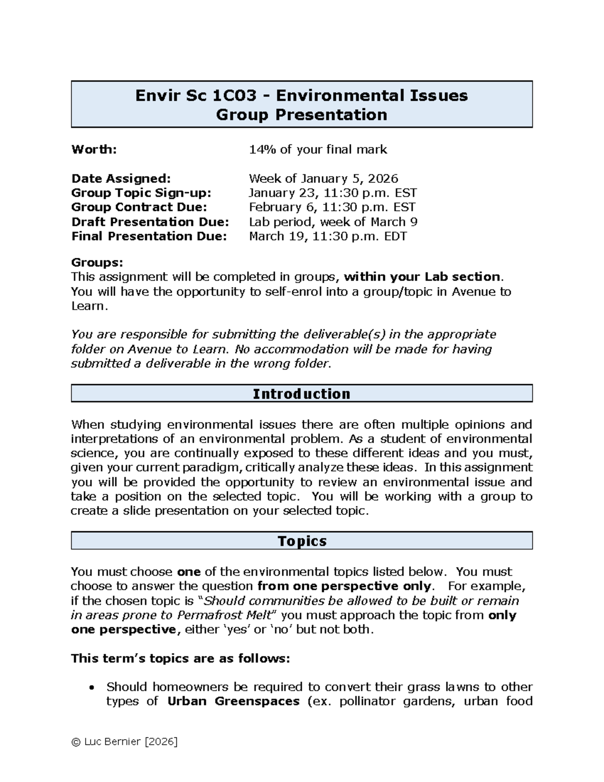ES 1C03 - Winter 2026 - Environmental Issues Group Presentation - Studocu