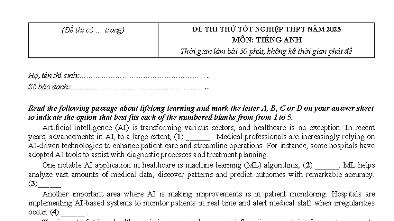 ĐỀ THI THỬ TỐT NGHIỆP THPT NĂM 2025 MÔN TIẾNG ANH - ĐỀ 001 - Studocu