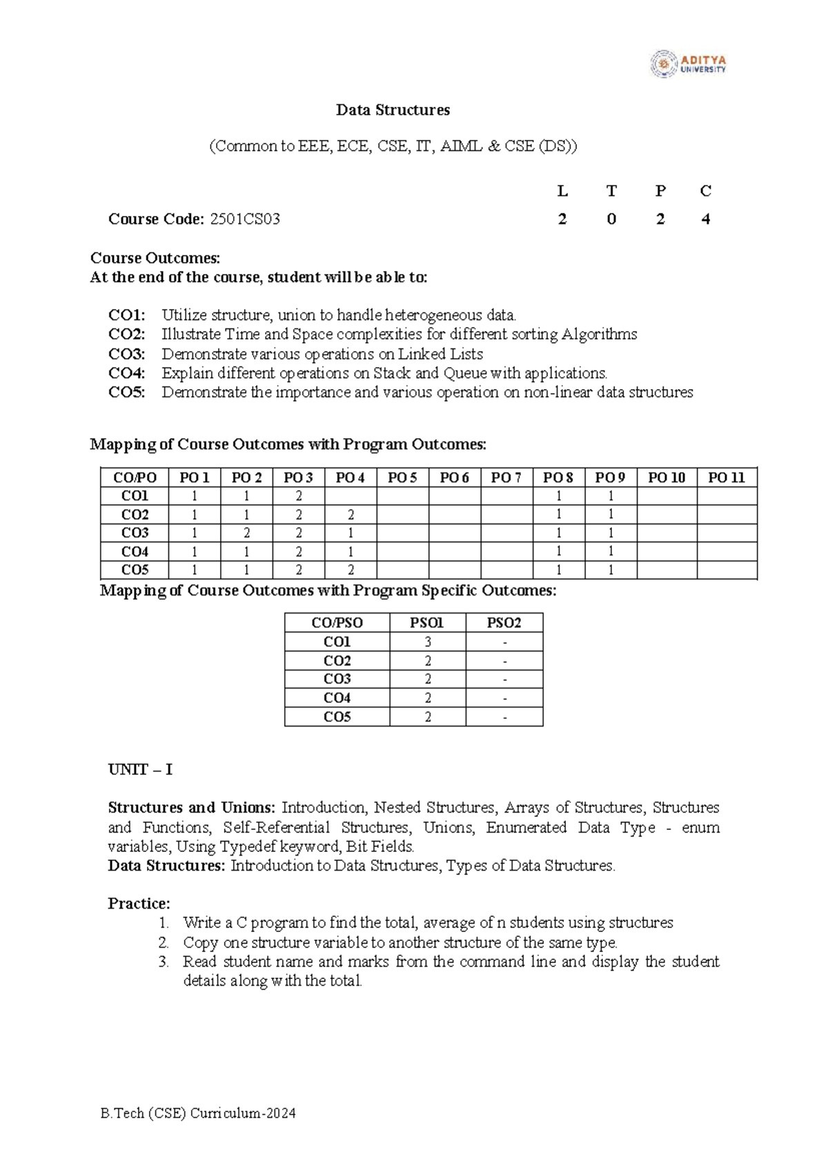 Data Structures Syllabus (2501CS03) for B.Tech (CSE) - Studocu