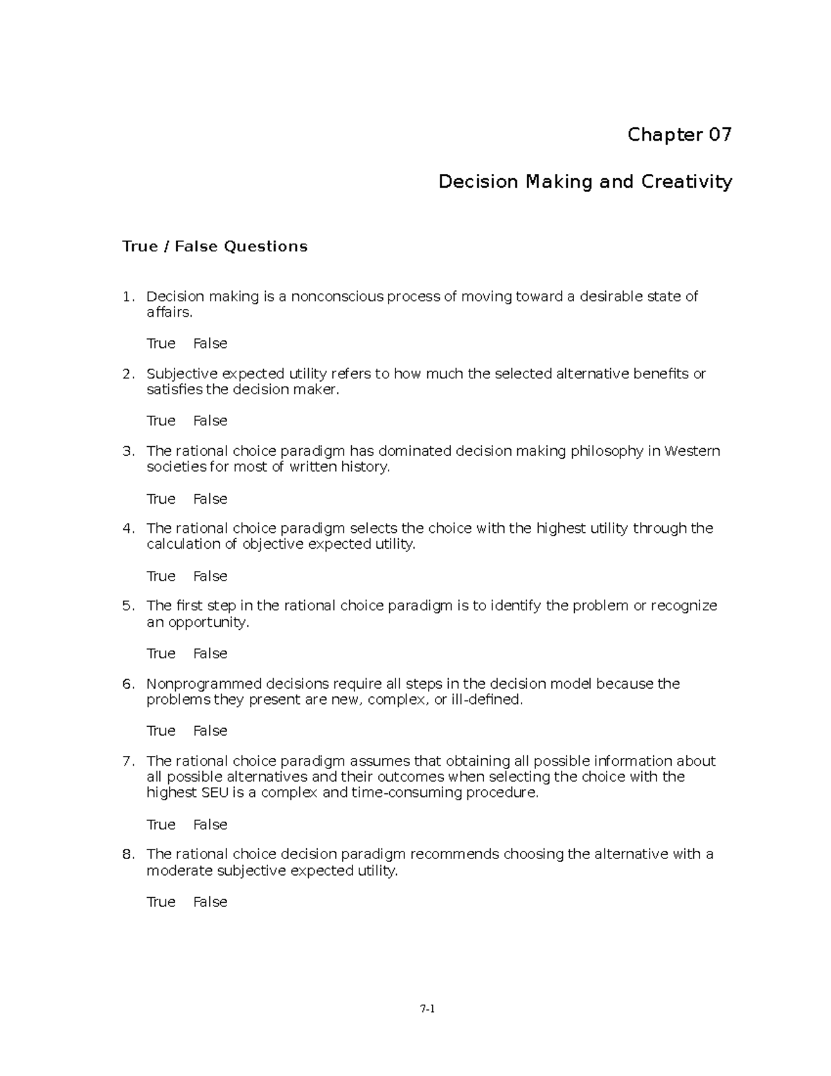 TBChap 007 - Decision Making and Creativity Question Bank - Studocu