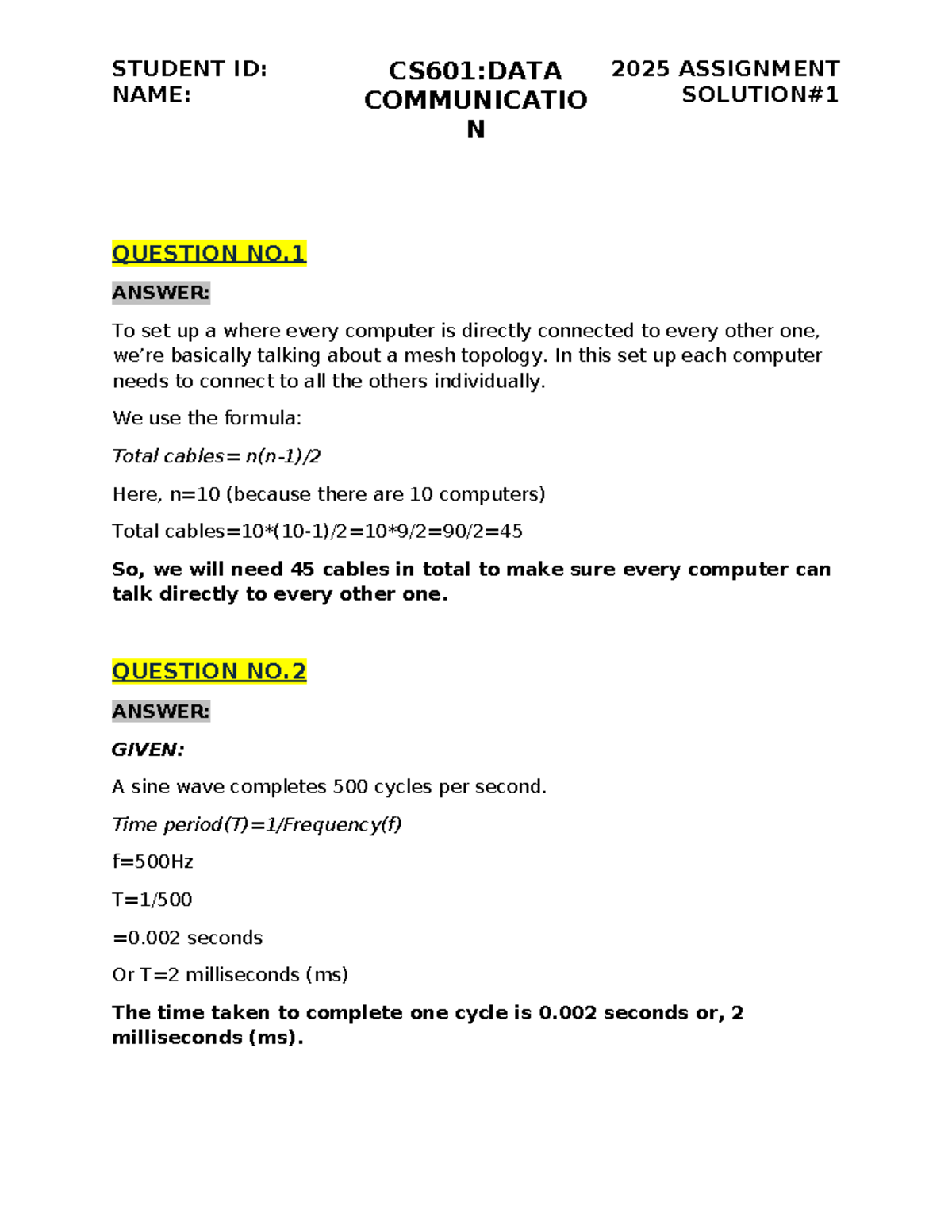 CS601 Assignment #01 Solutions: Data Communication Concepts - Studocu