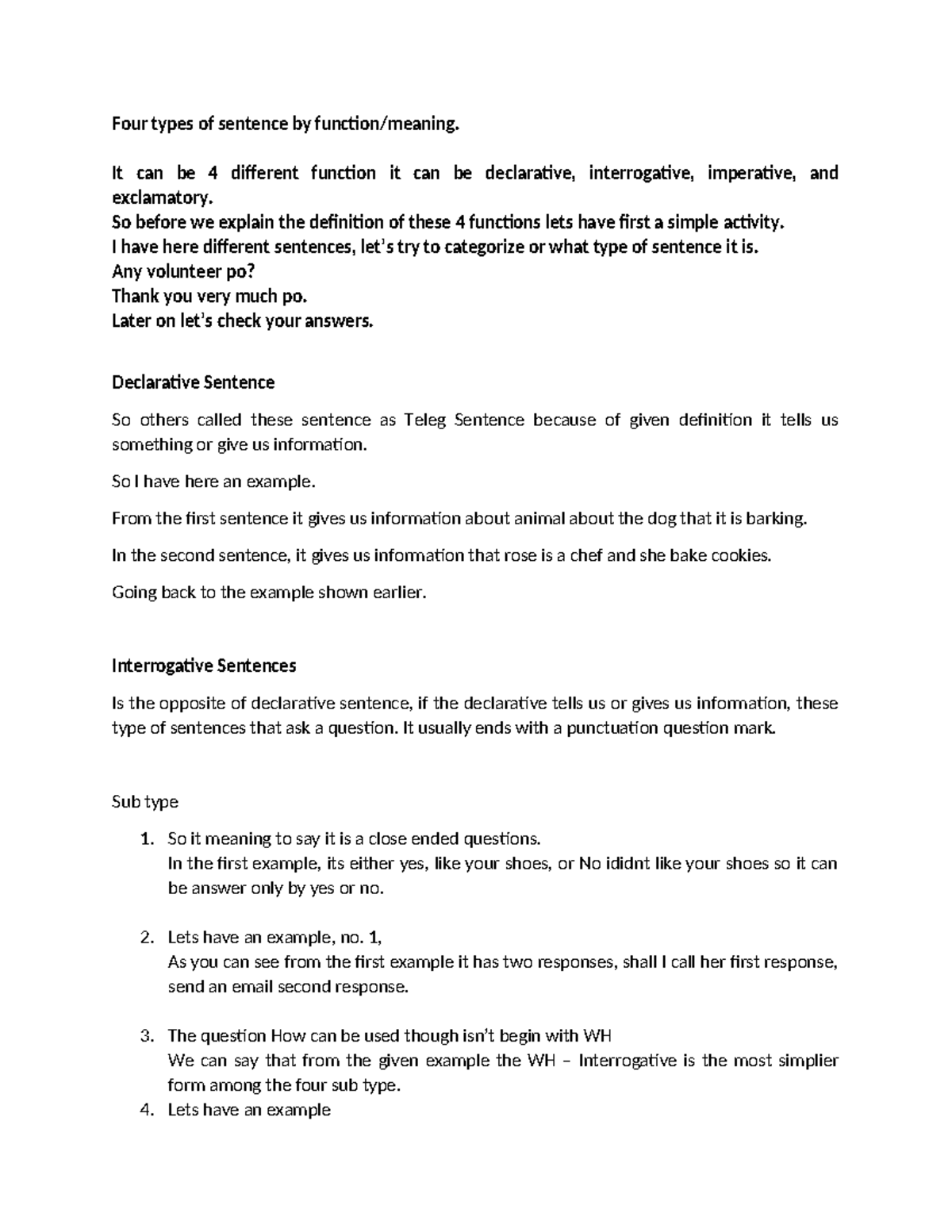 Four types of sentence by function - Four types of sentence by function ...