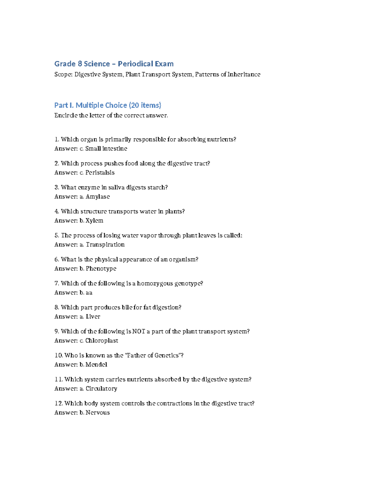 Grade 8 Science Periodical Exam: Digestive & Plant Systems Review - Studocu