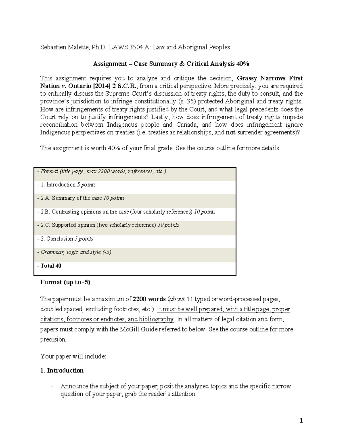 2023 LAWS 3504 A Final Assignment Instructions - 1 Sebastien Malette ...