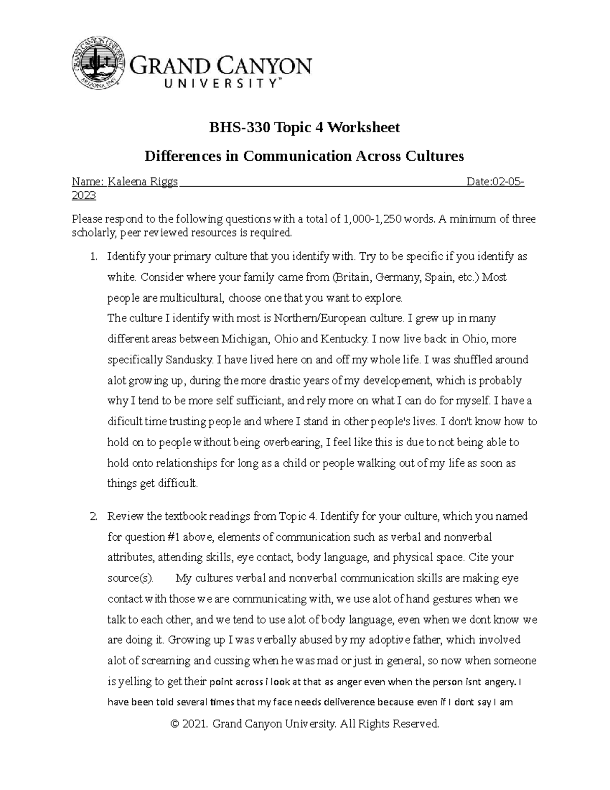 BHS-330 Topic 4 Worksheet: Cultural Communication Differences Analysis ...