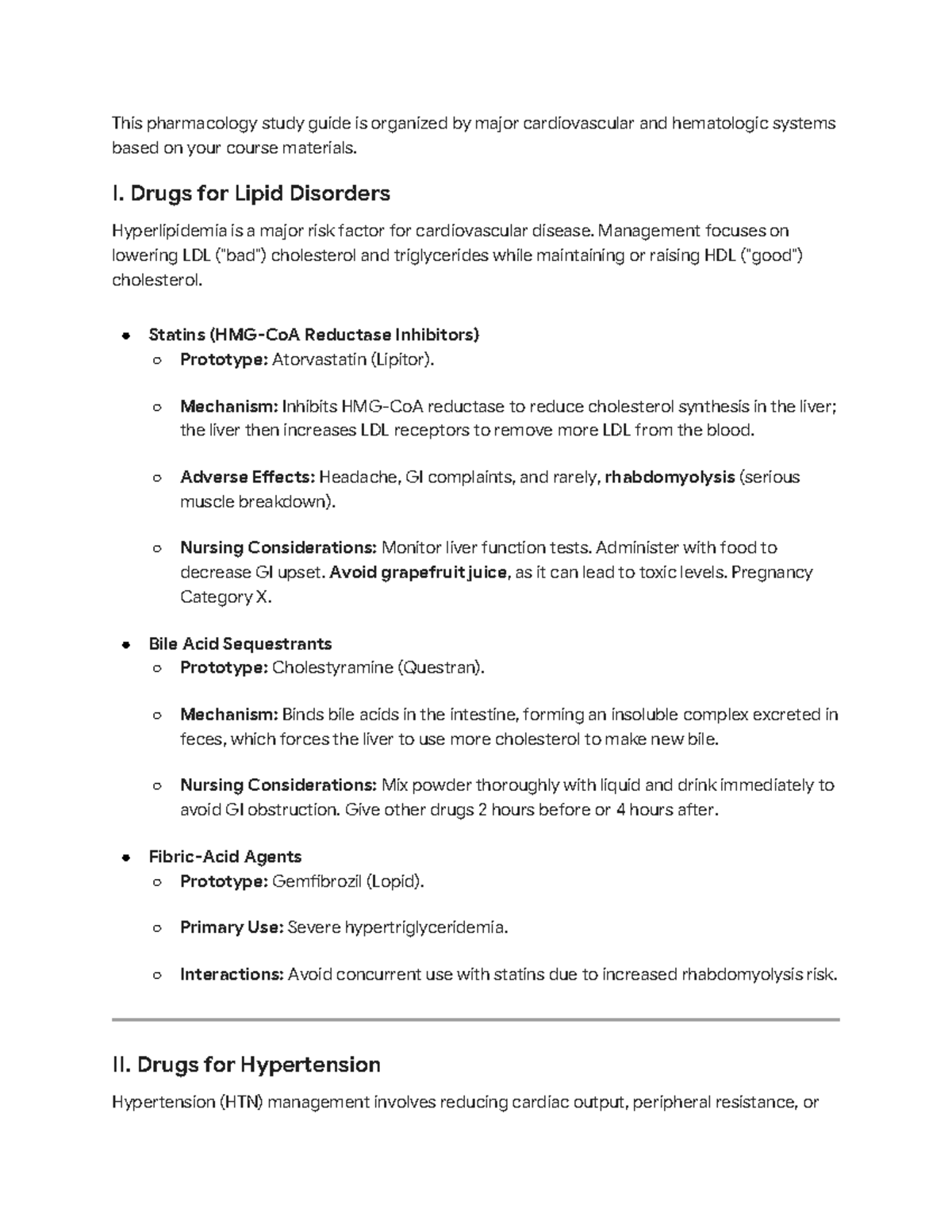 Pharmacology Exam 3 Study Guide: Cardiovascular & Hematologic Systems ...