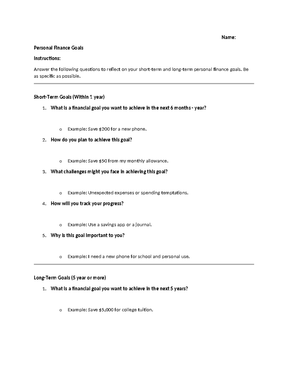 Financial Goals Worksheet - Name: Personal Finance Goals Instructions ...