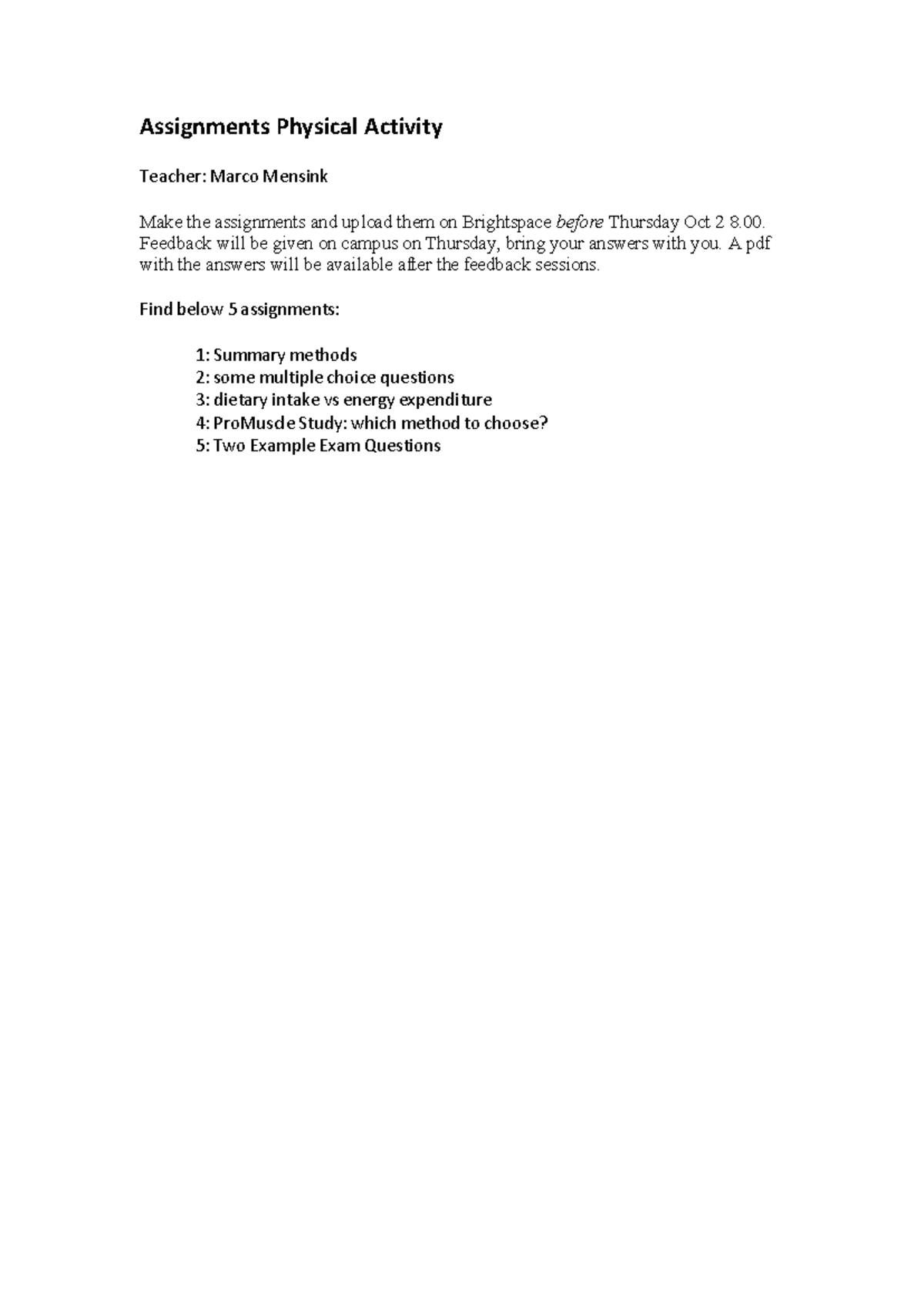 Assignments EE&PA 2025: Physical Activity Assessment Tasks - Studeersnel