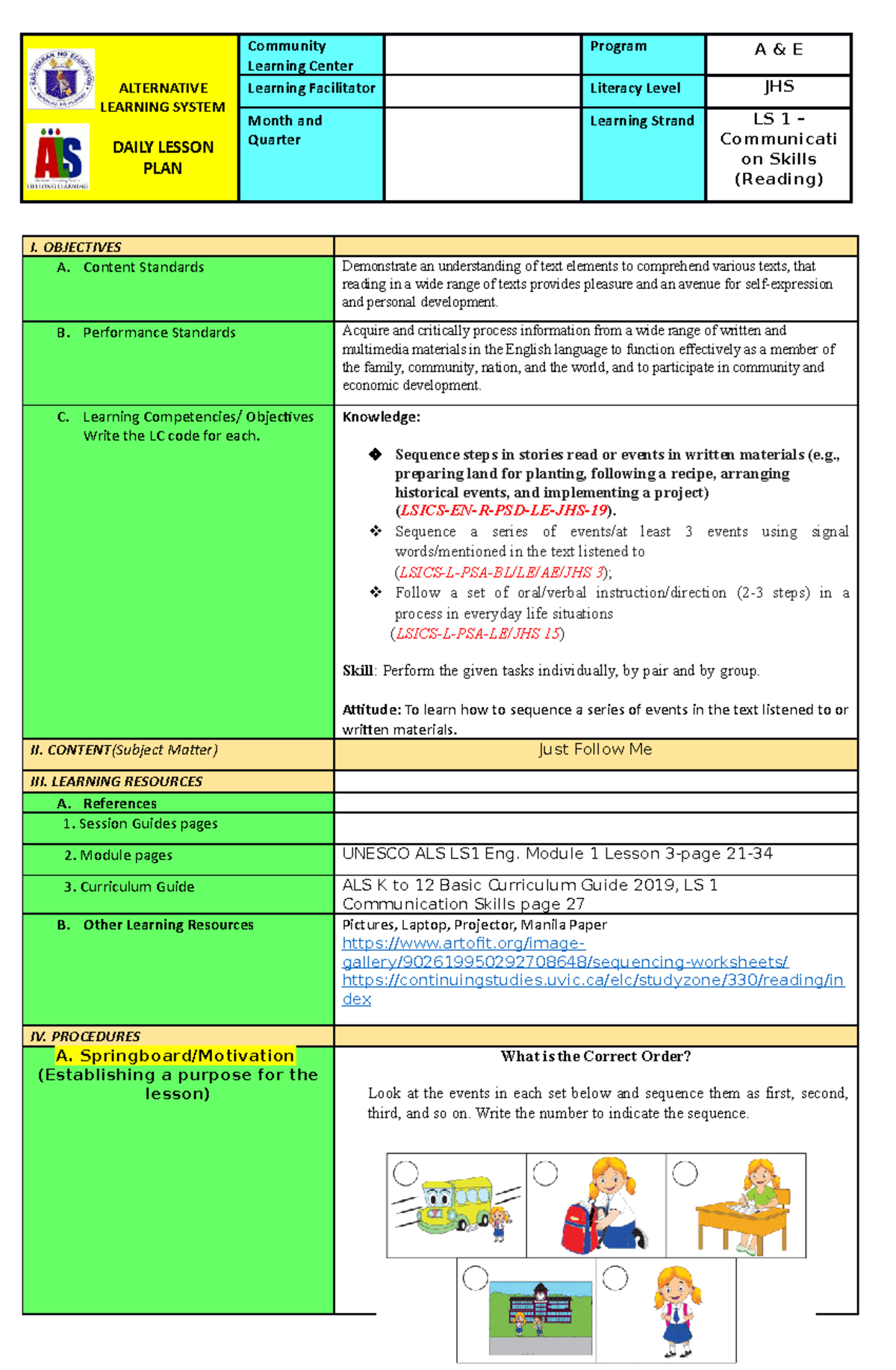 LS1 Eng. DLP-JHS (Sequencing Events) - ALTERNATIVE LEARNING SYSTEM ...