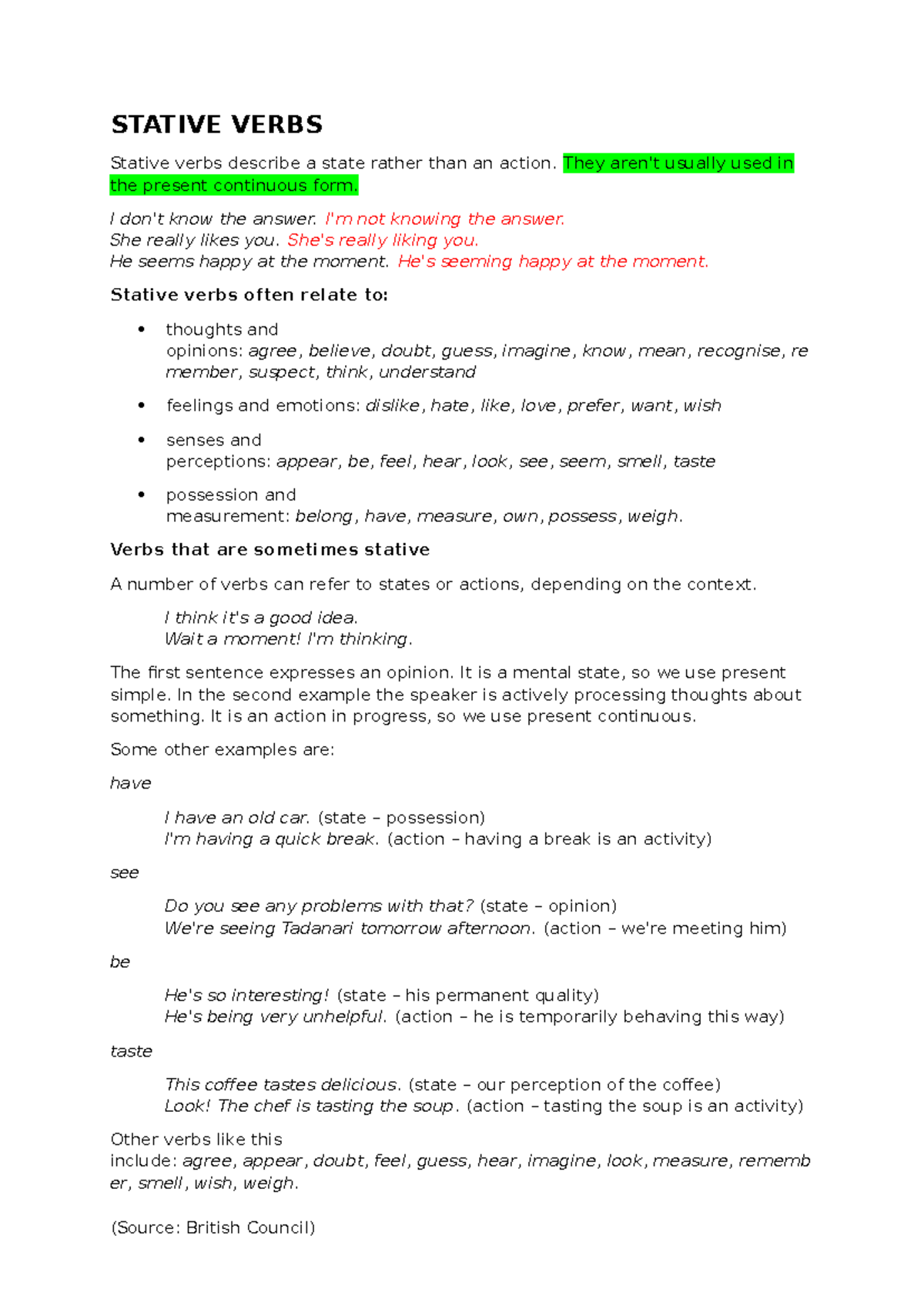 Understanding Stative Verbs: Definition and Examples - Studocu