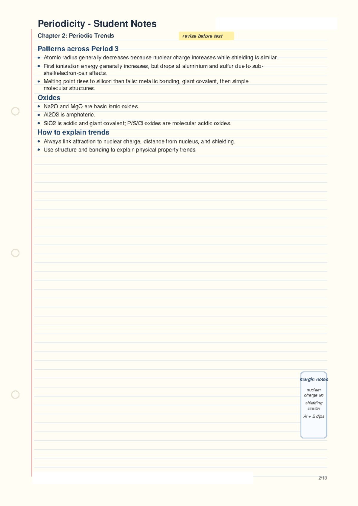 02 Periodicity Student Notes: Trends in Period 3 Elements - Studocu