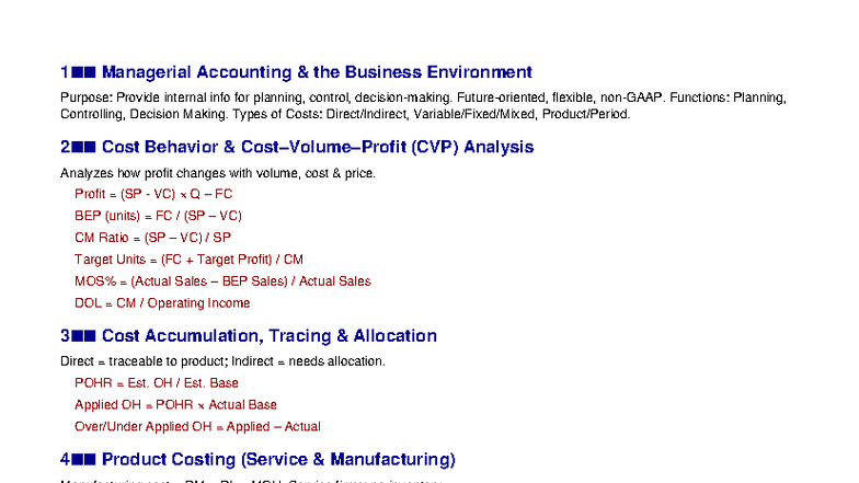 Managerial Accounting Cheat Sheet: Key Concepts & Practices - Studocu