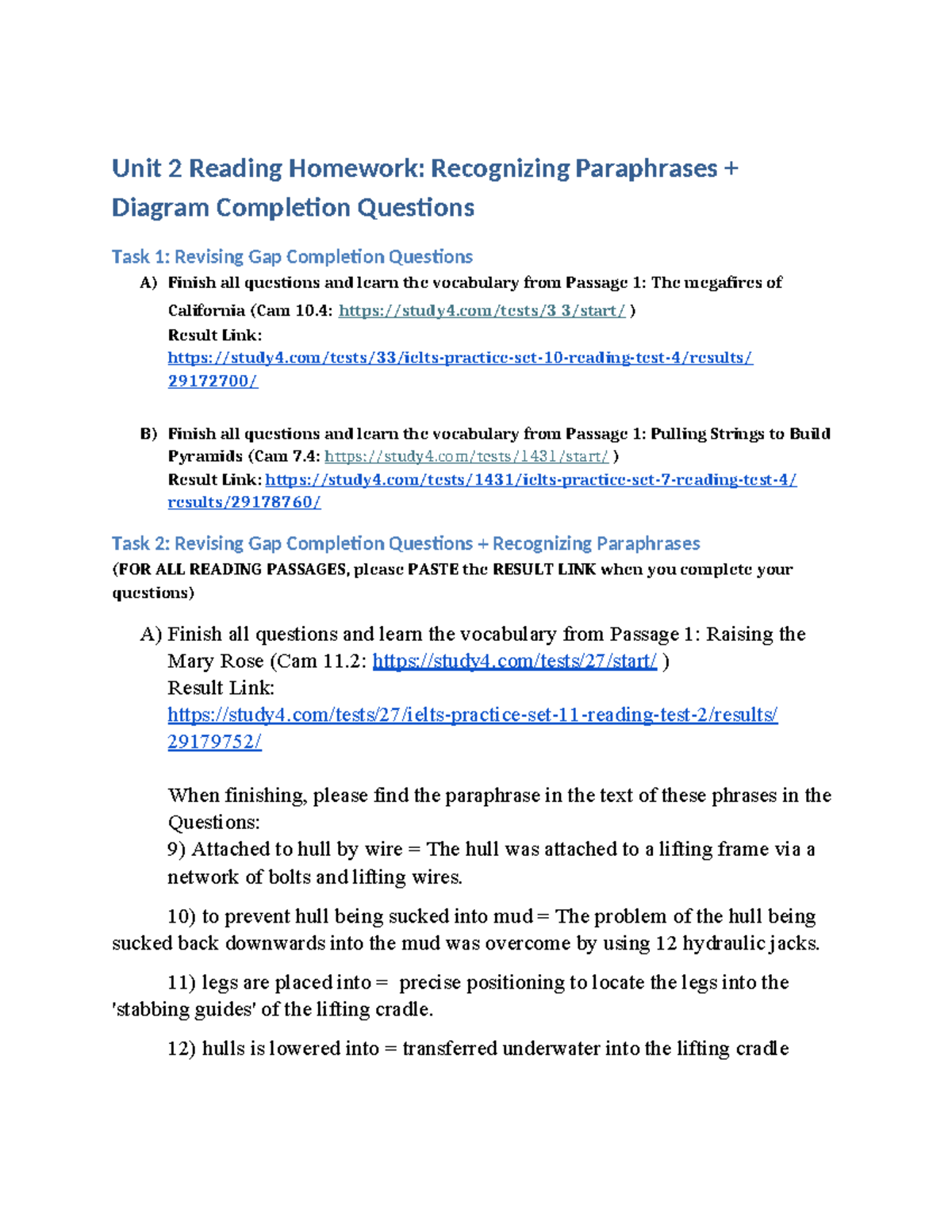Unit 2 Reading Homework: Paraphrase Recognition & Gap Completion - Studocu
