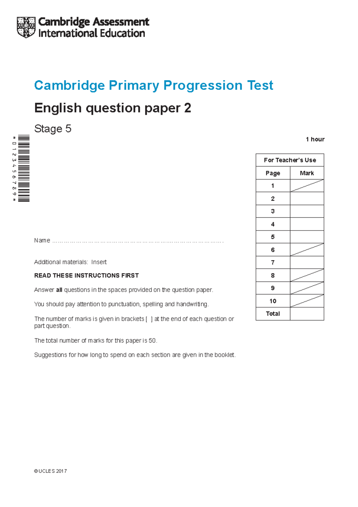 Cambridge Primary Progression Test English PT2 Stage 5 - 2017 - Studocu