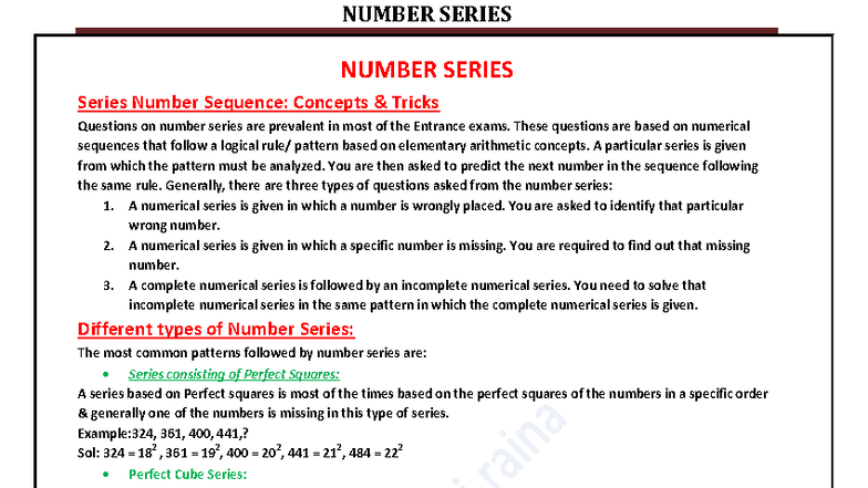 NUMBER SERIES: Concepts, Tricks & Practice Questions for Exams - Studocu
