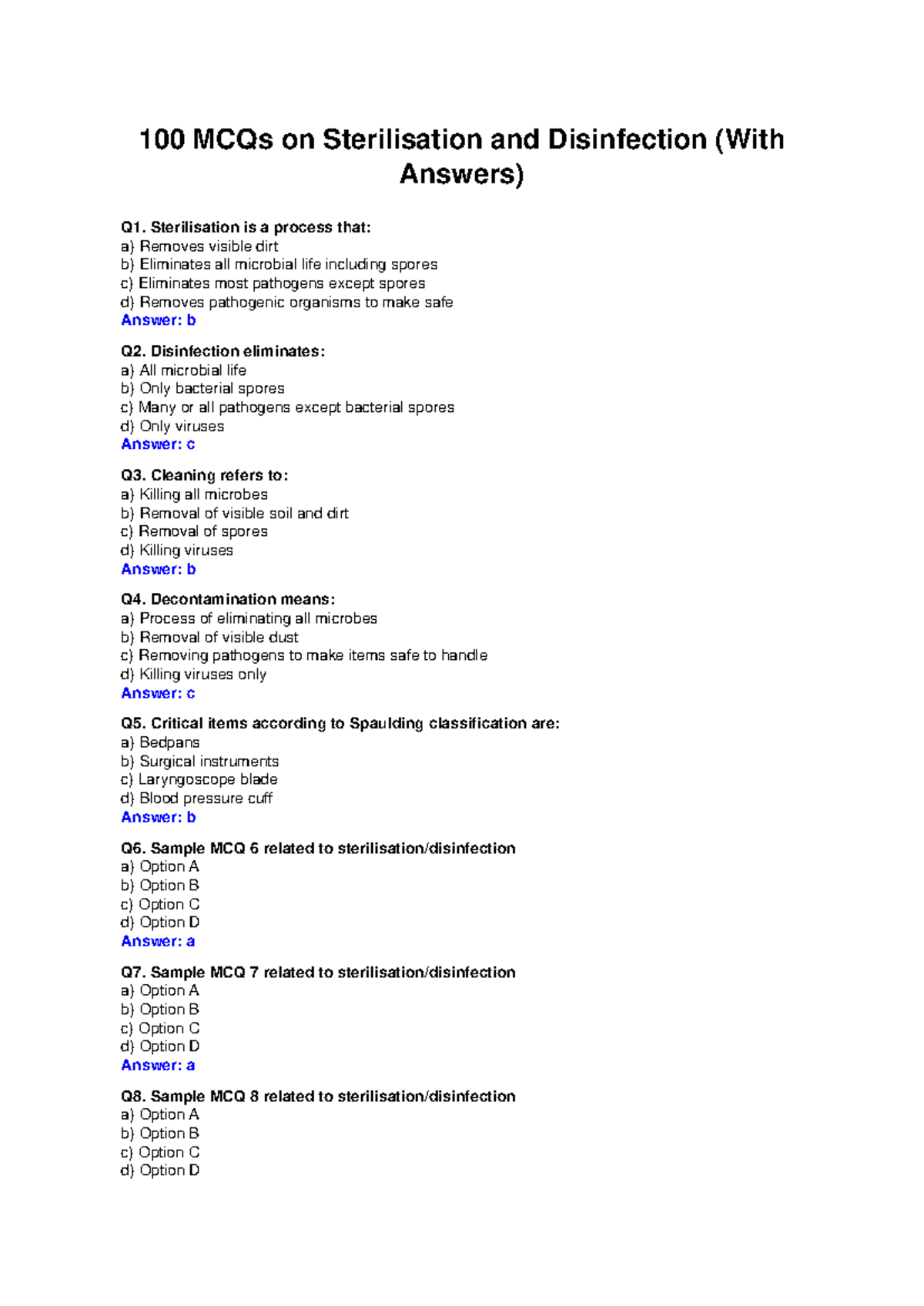 100 MCQs on Sterilisation & Disinfection (With Answers) - Studocu