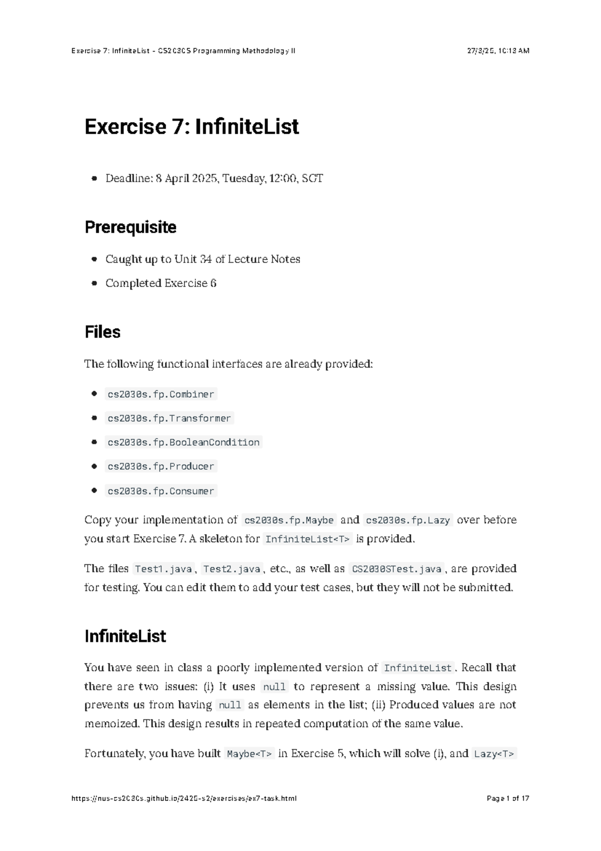 Exercise 7: Infinite list implementation for CS2030S programming ...