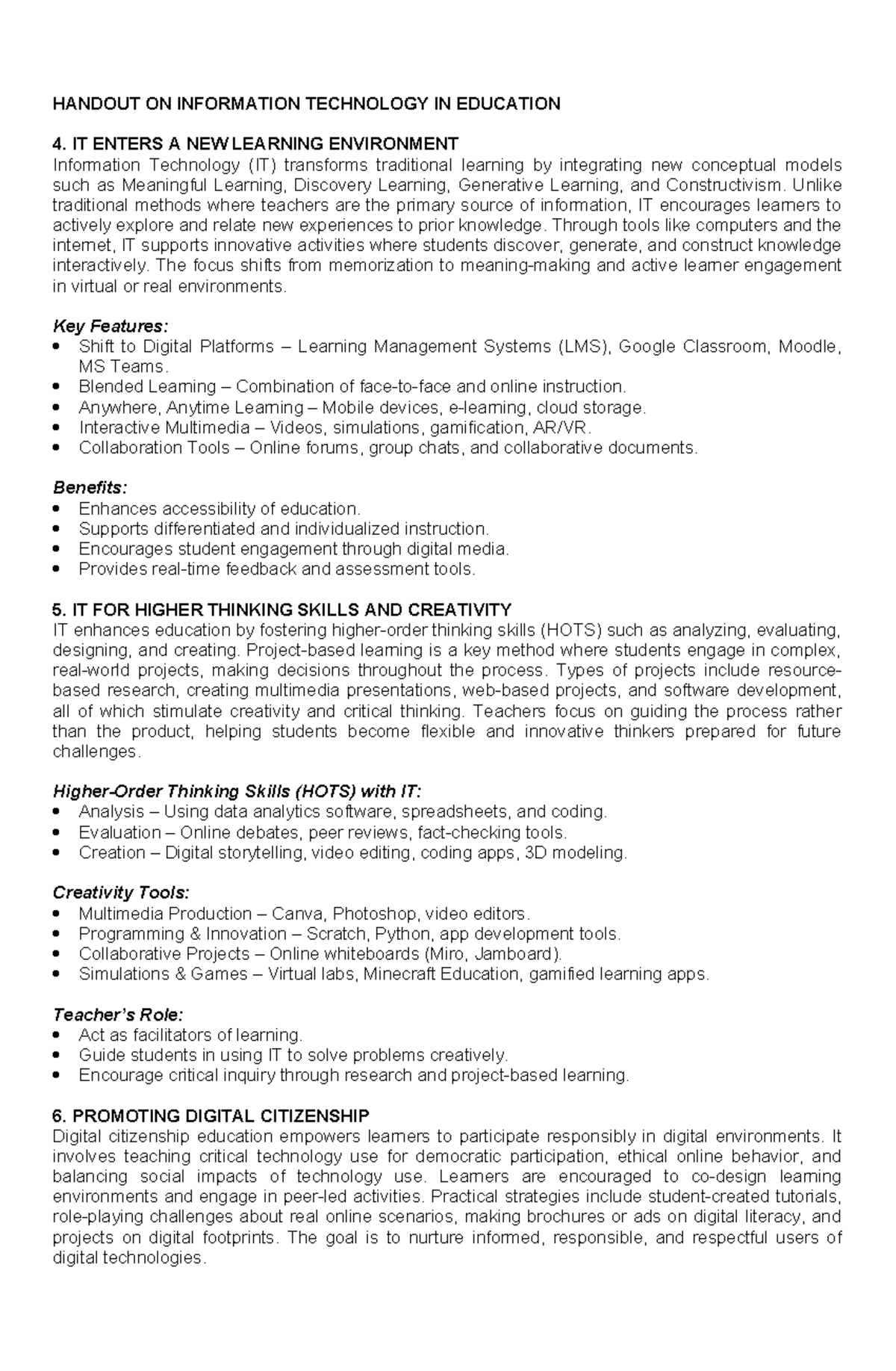 IT in Education: Transforming Learning Environments (Handouts 4-7 ...