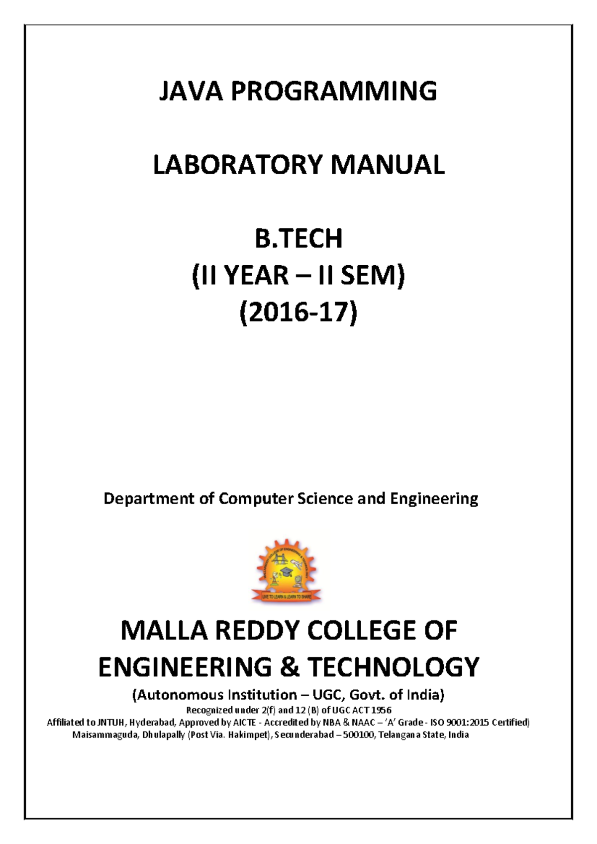 CSE II-II SEM(JP Lab Manual) - JAVA PROGRAMMING LABORATORY MANUAL B (II YEAR – II SEM) (2016-17 ...