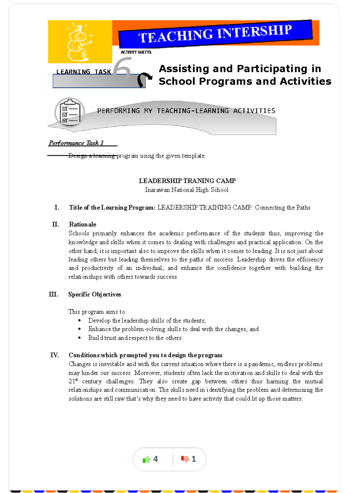 LEADERSHIP TRAINING CAMP Program Design - Learning Task 06 - Studocu