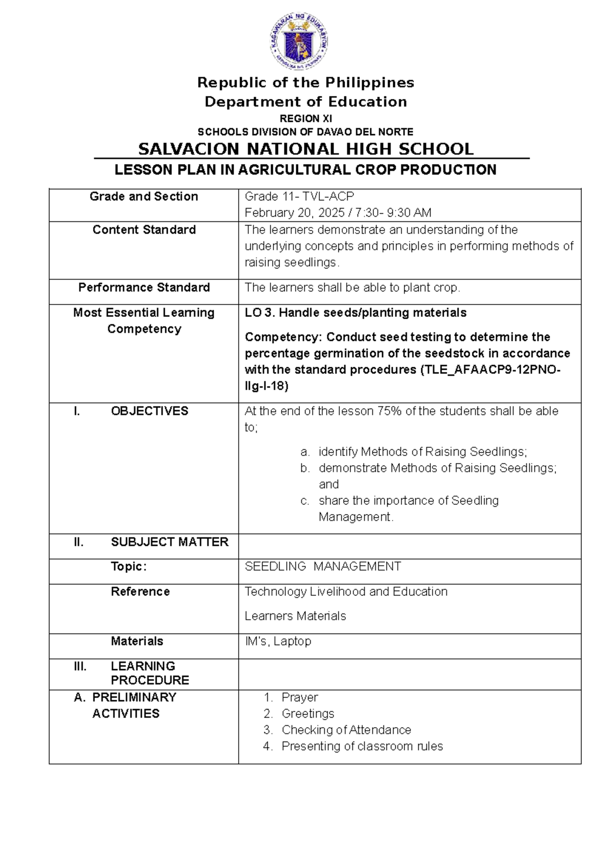 Agricultural Crop Production Lesson Plan (Grade 9) - Seedling ...