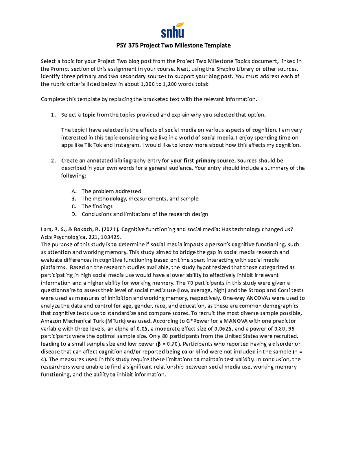 PSY 375 Project Two Milestone Template for Blog Post Development - Studocu