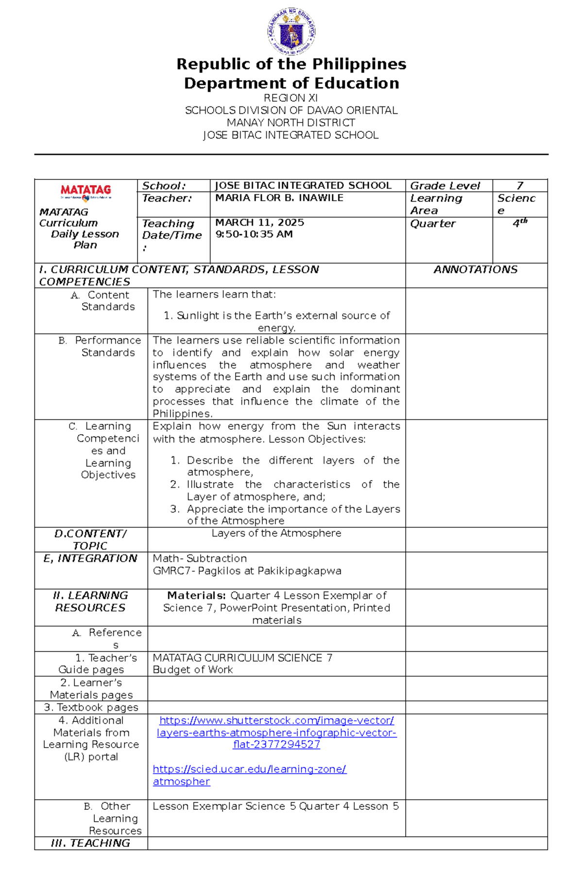 Lesson Plan Science - Republic of the Philippines Department of Education REGION XI SCHOOLS ...