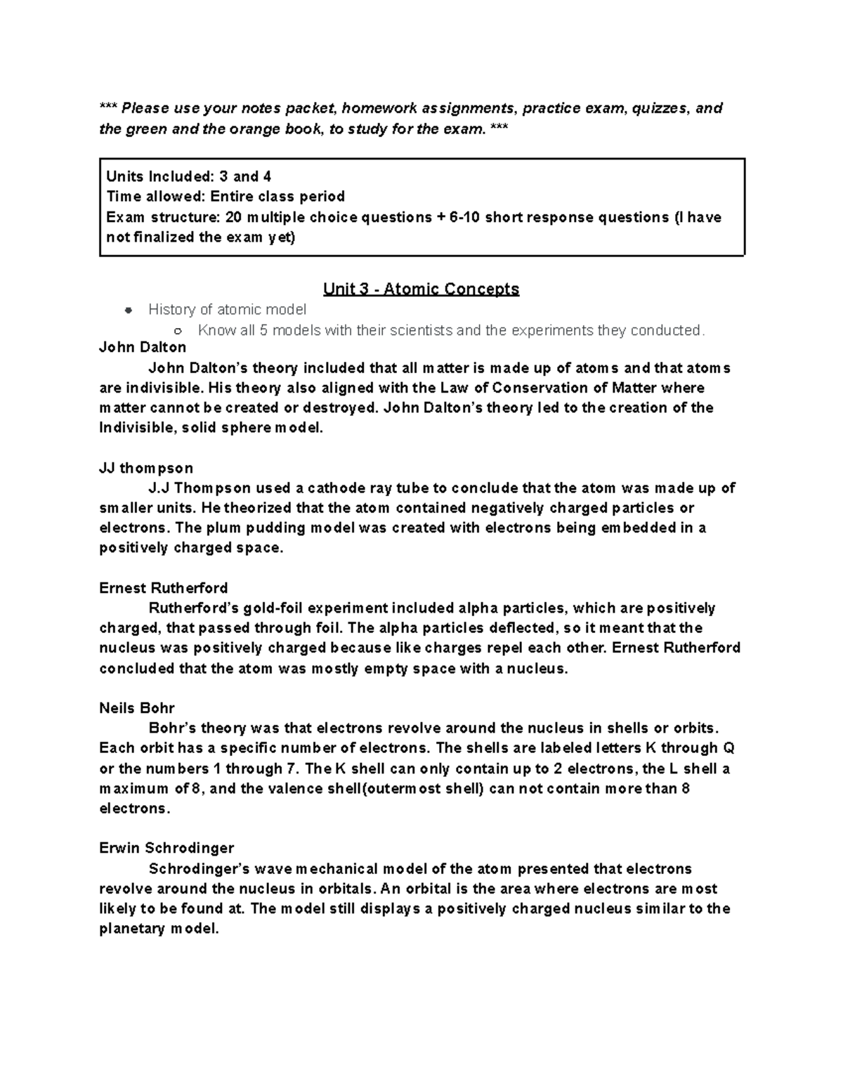 Exam 2 Study Guide: Atomic Concepts (Unit 3) & Periodic Table (Unit 4 ...