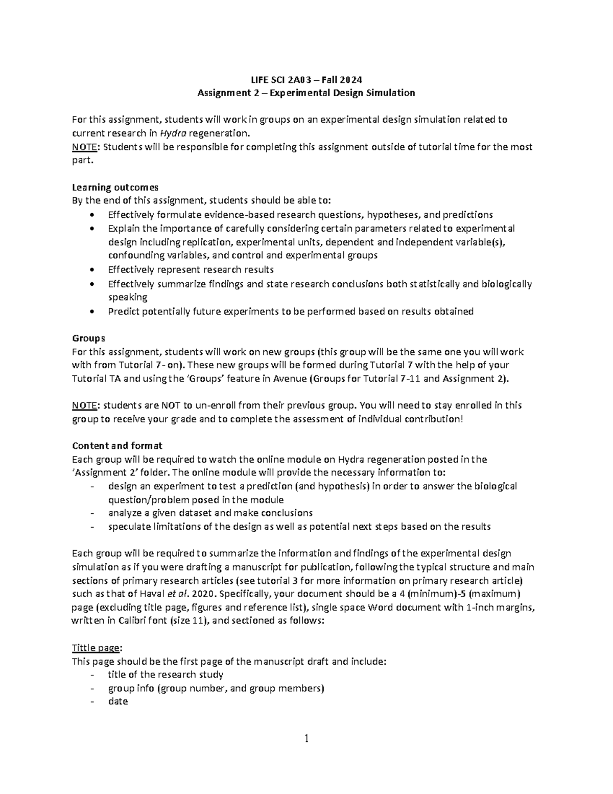 LIFE SCI 2A03 Fall 2024 Assignment 2: Hydra Regeneration Experiment ...