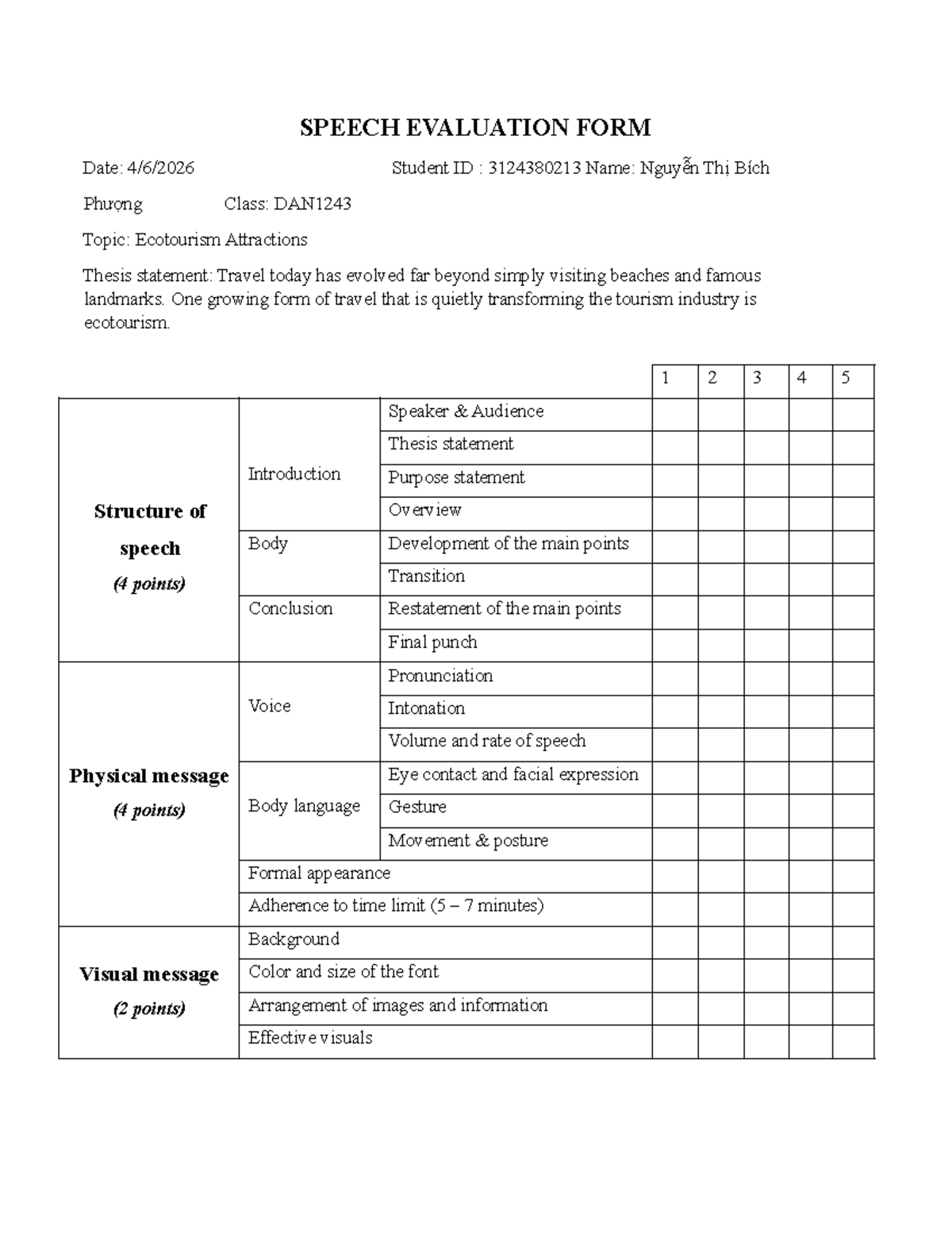 SPEECH EVALUATION FORM: Ecotourism Attractions - DAN1243 - Studocu