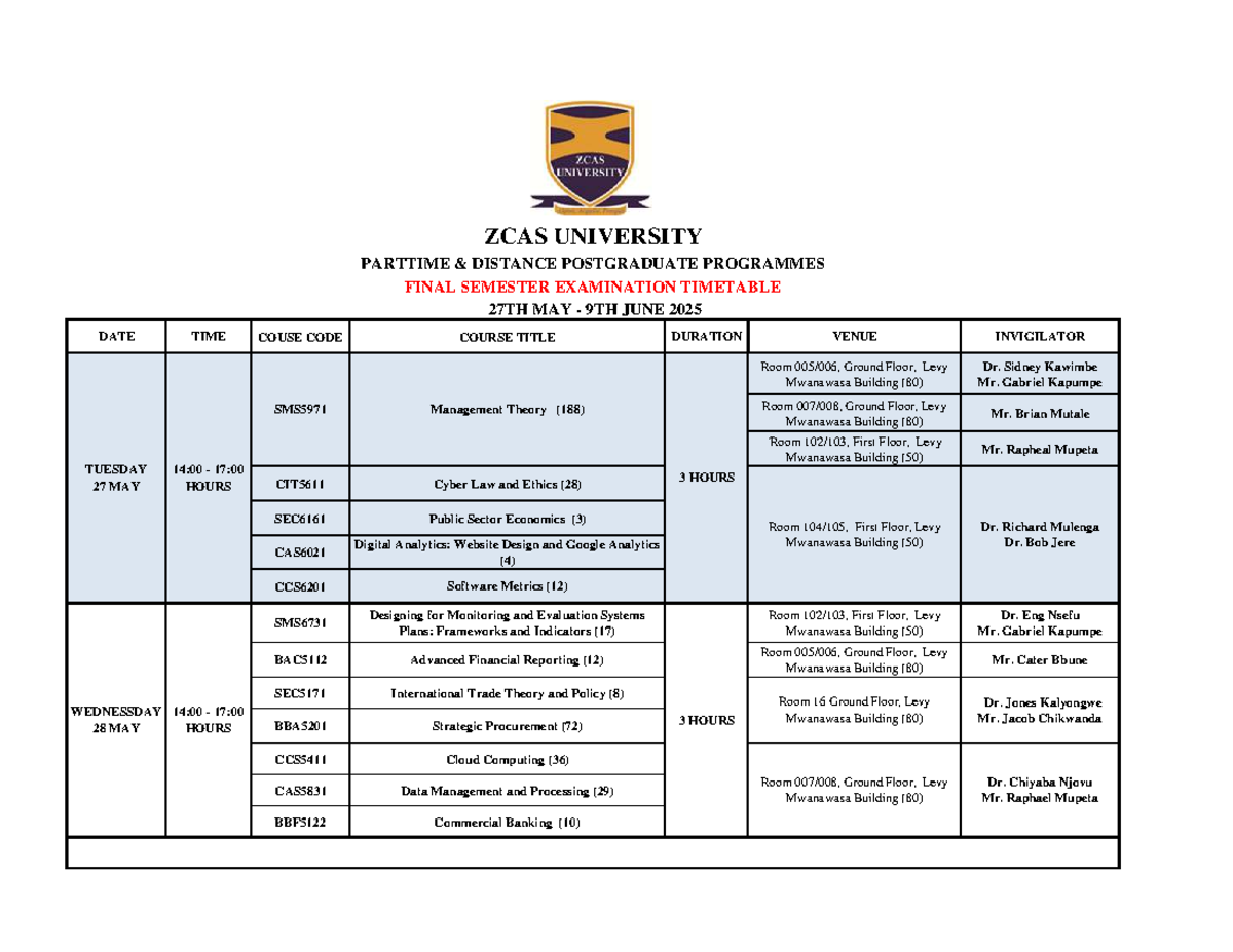 ZCAS University PG Part-Time Final Exam Timetable: May-June 2025 - Studocu