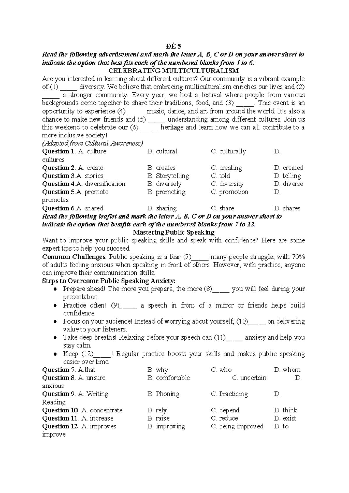 ĐỀ 5: Participle Grammar Exercises and Multiculturalism Insights - Studocu