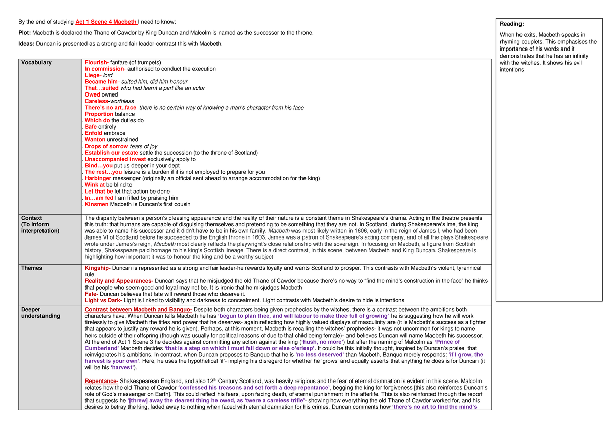 Macbeth Study: Act 1 Scene 4 Analysis & Key Themes (ENG 101) - Studocu