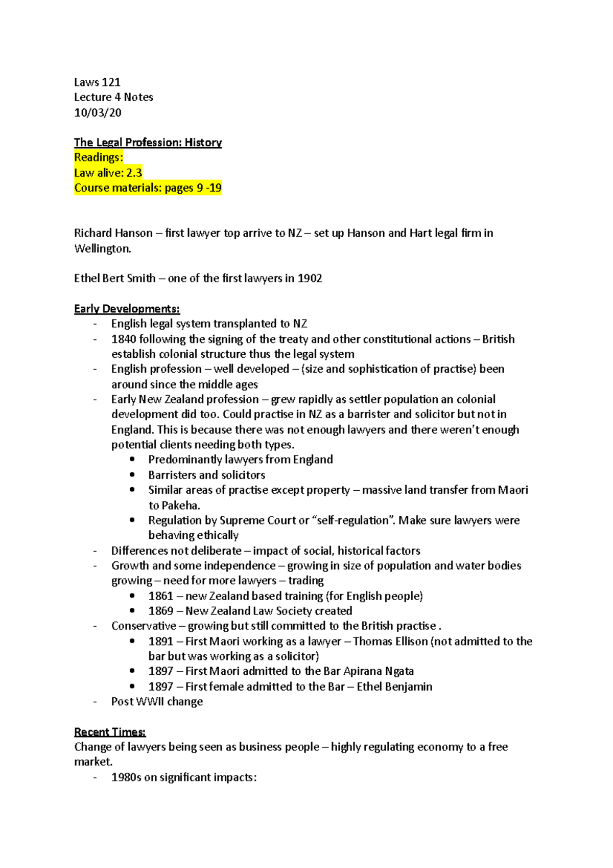 Lecture 4 - Legal profession history - Laws 121 Lecture 4 Notes 10/03 ...