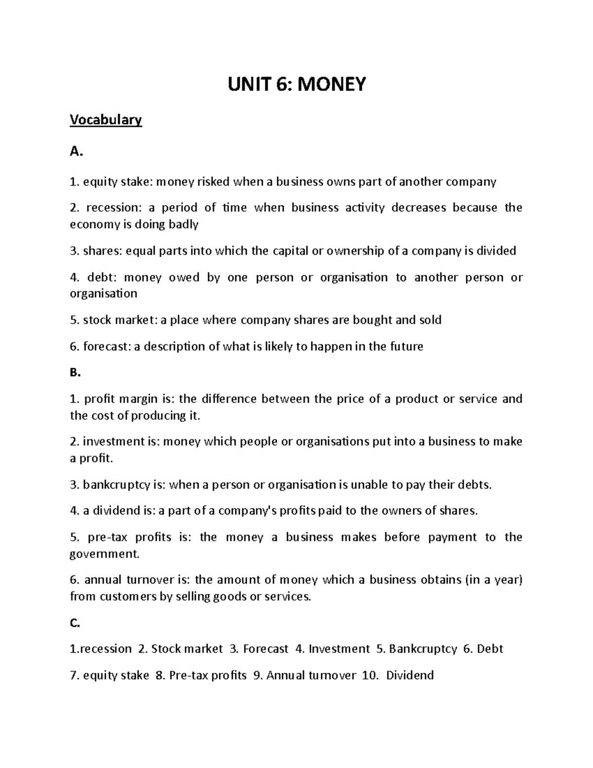 Prep Unit6 - Information - UNIT 6: MONEY Vocabulary A. equity stake ...
