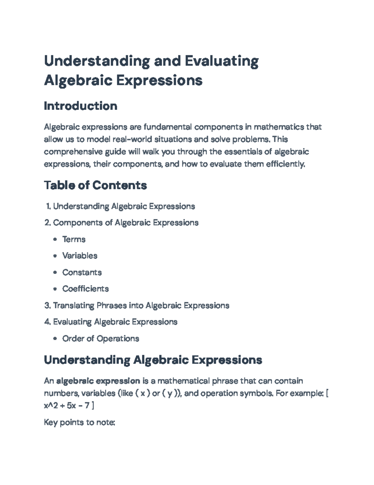 Understanding and Evaluating Algebraic Expressions: A Comprehensive ...
