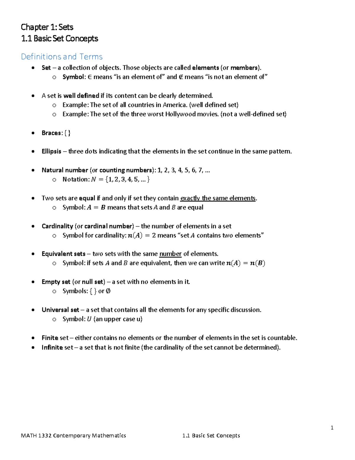 MATH 1332 Chapter 1: Basic Set Concepts and Definitions - Studocu